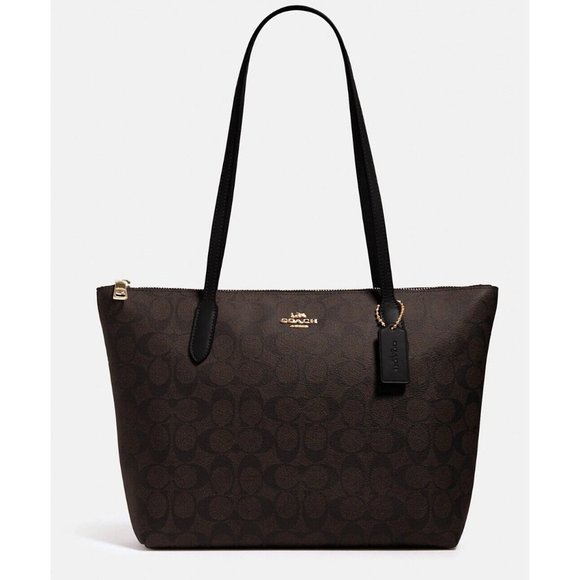 Coach | Bags | Nwt Coach Zip Top Tote In Goldbrown Black Signature ...